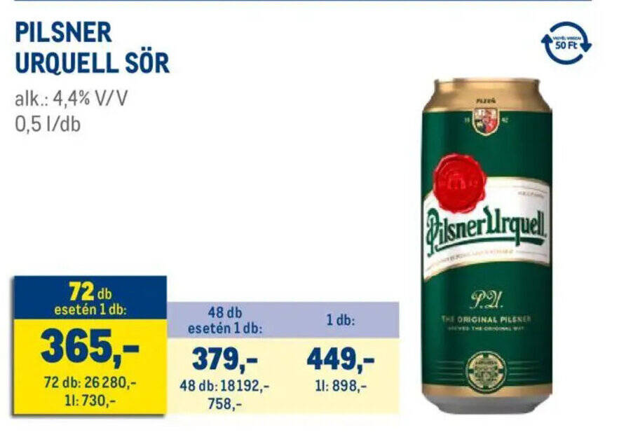 Pilsner Urquell sör 0,5 l akció az Metro-nél