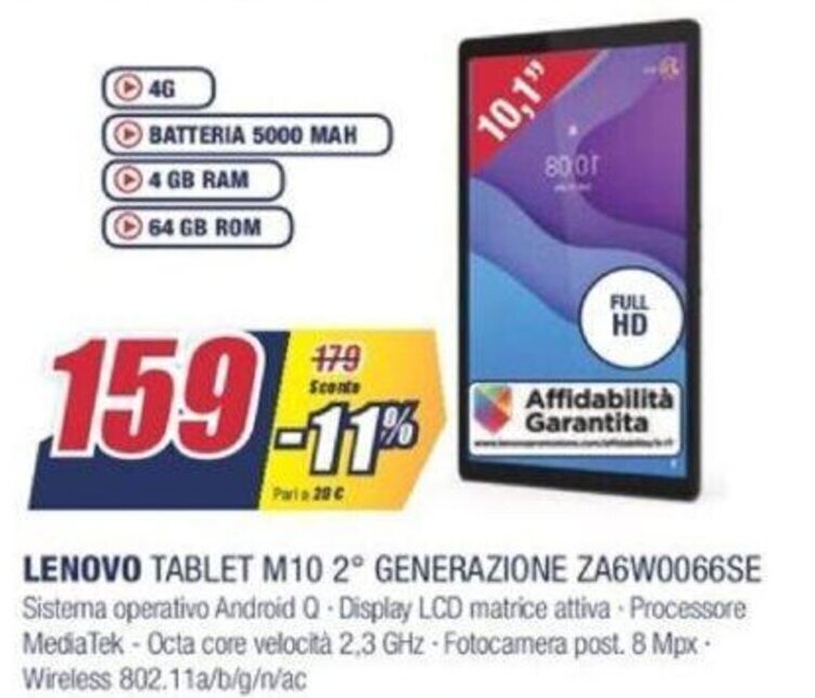 Lenovo Tablet M10 2° Generazione ZA6W0066SE offerta di Trony