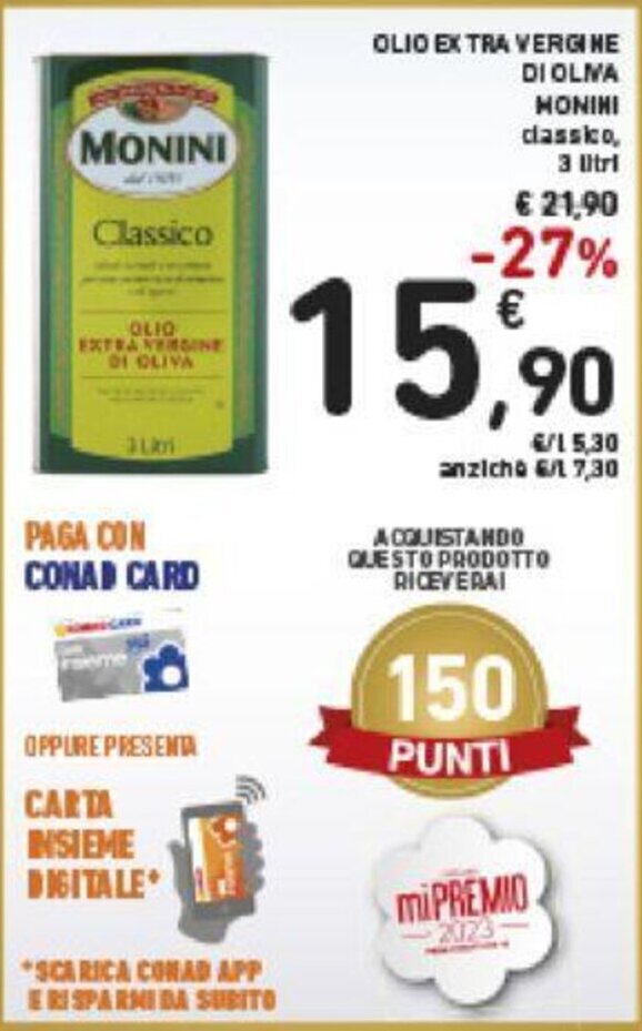 Monini Olio Extra Vergine Di Oliva Monini classico, 3 litri offerta di ...