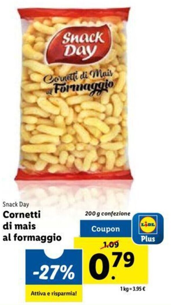 Snack Day Cornetti di mais al formaggio 200 g confezione offerta di Lidl