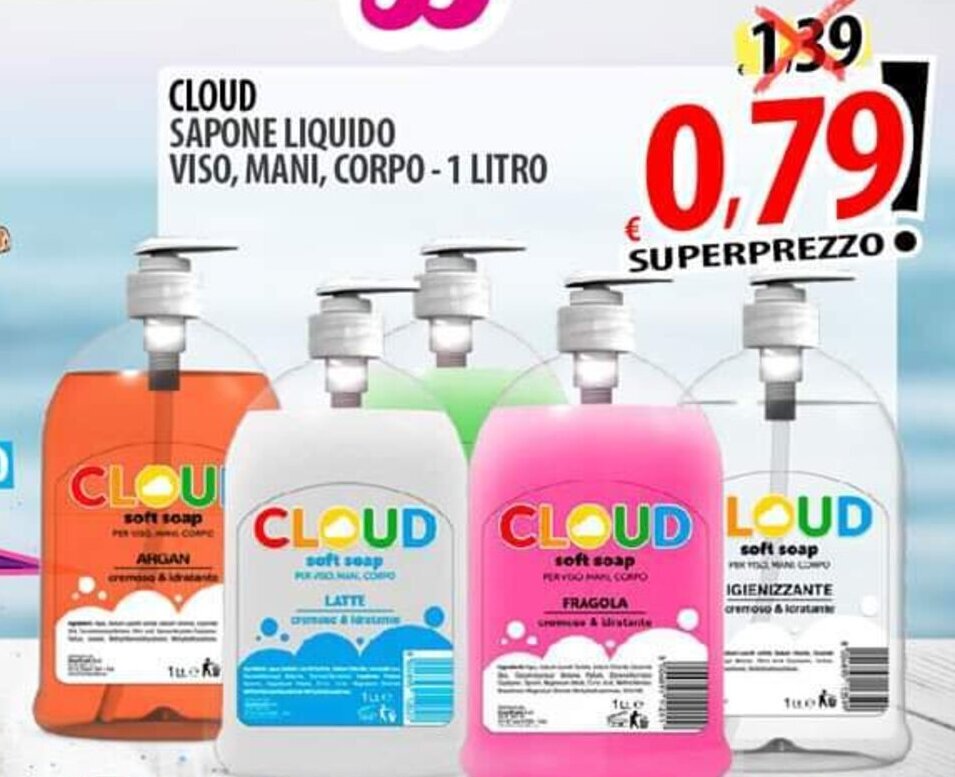 CLOUD SAPONE LIQUIDO VISO, MANI, CORPO - 1 LITRO offerta di Il Genio ...