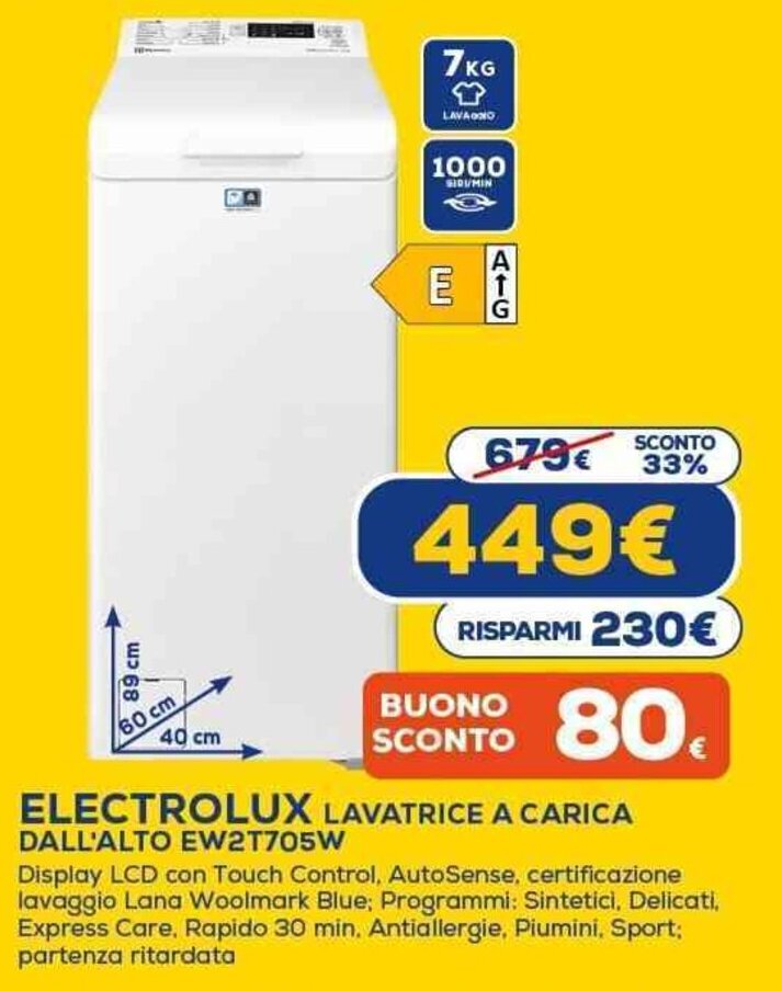 ELECTROLUX LAVATRICE A CARICA DALL'ALTO EW2T705W offerta di Euronics