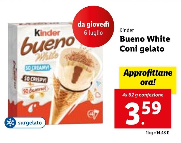 Kinder Bueno White Coni gelato 4x 62 g confezione offerta di Lidl