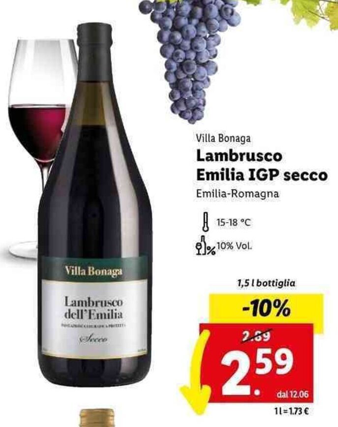 Villa Bonaga Lambrusco Emilia IGP secco 1,5 l offerta di Lidl