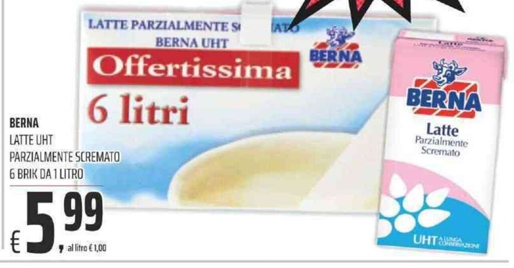 Offerta BERNA LATTE UHT PARZIALMENTE SCREMATO 6 BRIK DA 1 LITRO nel ...