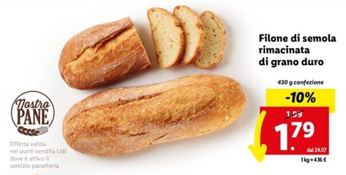 Filone di semola rimacinata di grano duro 430 g offerta di Lidl