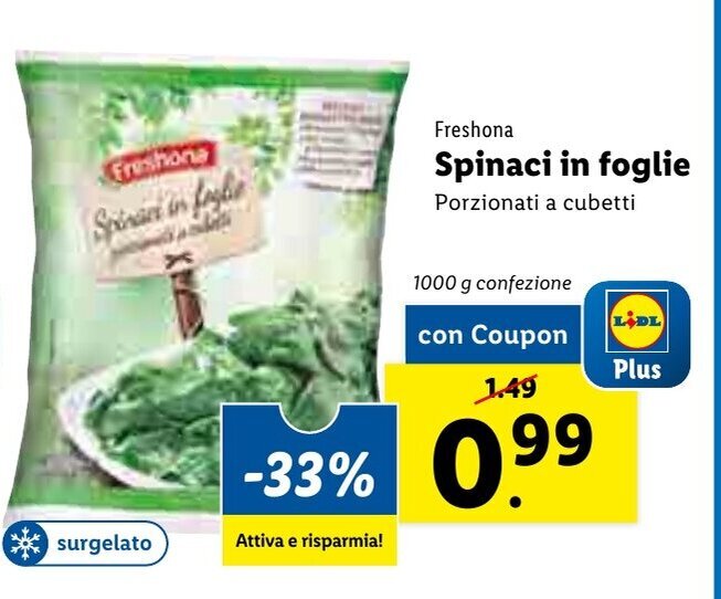 Freshona Spinaci in foglie 1000g offerta di Lidl