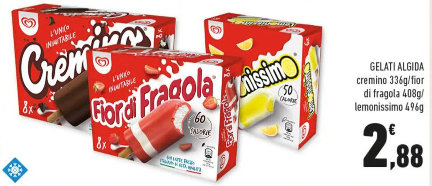 GELATI ALGIDA cremino 336g/fior di fragola 408g/ lemonissimo 496g ...