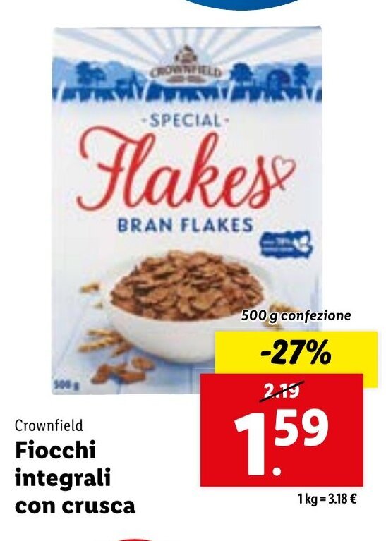 Offerta Crownfield Fiocchi integrali con crusca 500 g confezione nel ...