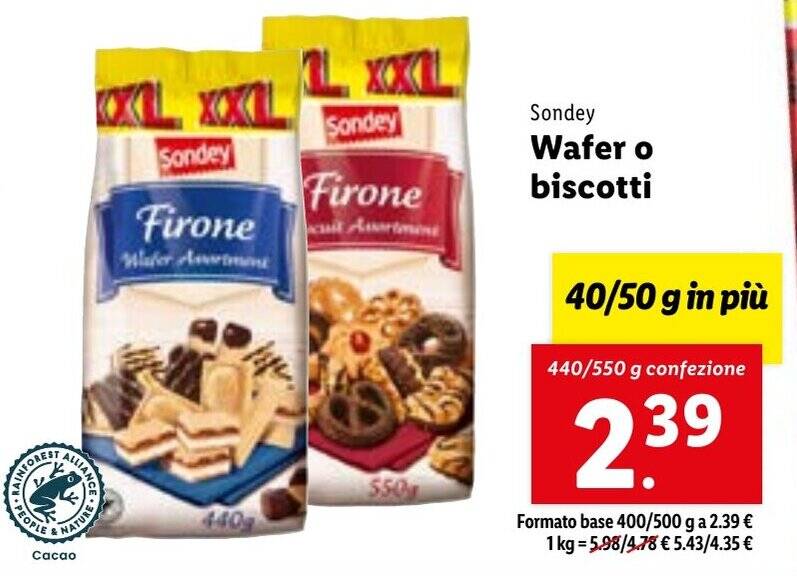 Sondey Wafer o biscotti 440/550 g confezione offerta di Lidl