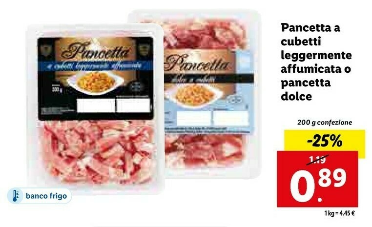Pancetta a cubetti leggermente affumicata o pancetta dolce offerta di Lidl