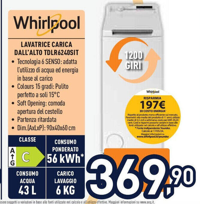 Offerta Whirlpool LAVATRICE CARICA DALL'ALTO TDLR6240SIT nel volantino ...