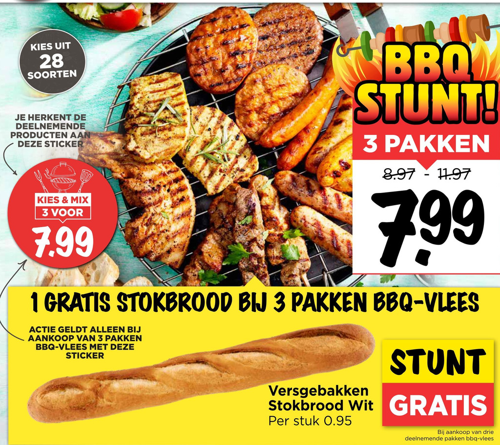 3 pakken bbq vlees 1 GRATIS STOKBROOD aanbieding bij Vomar Voordeelmarkt