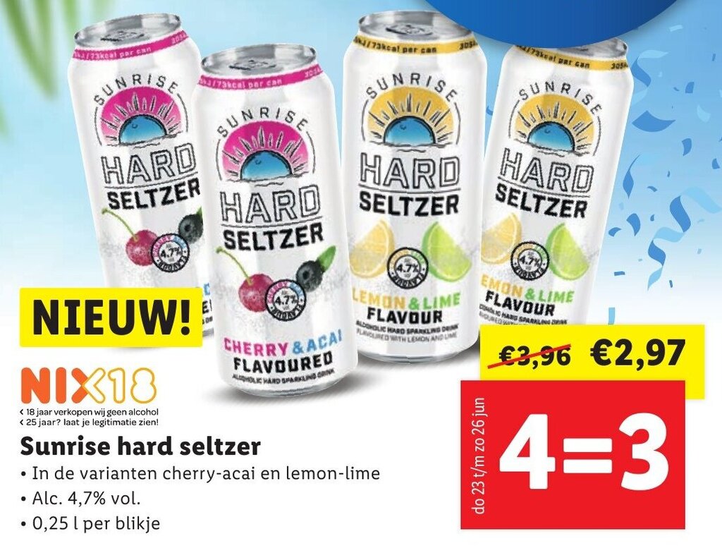 Sunrise hard seltzer 0,25 L aanbieding bij Lidl