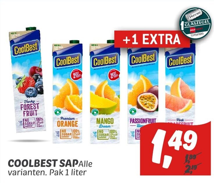 Coolbest Sap pak 1 liter aanbieding bij Dekamarkt
