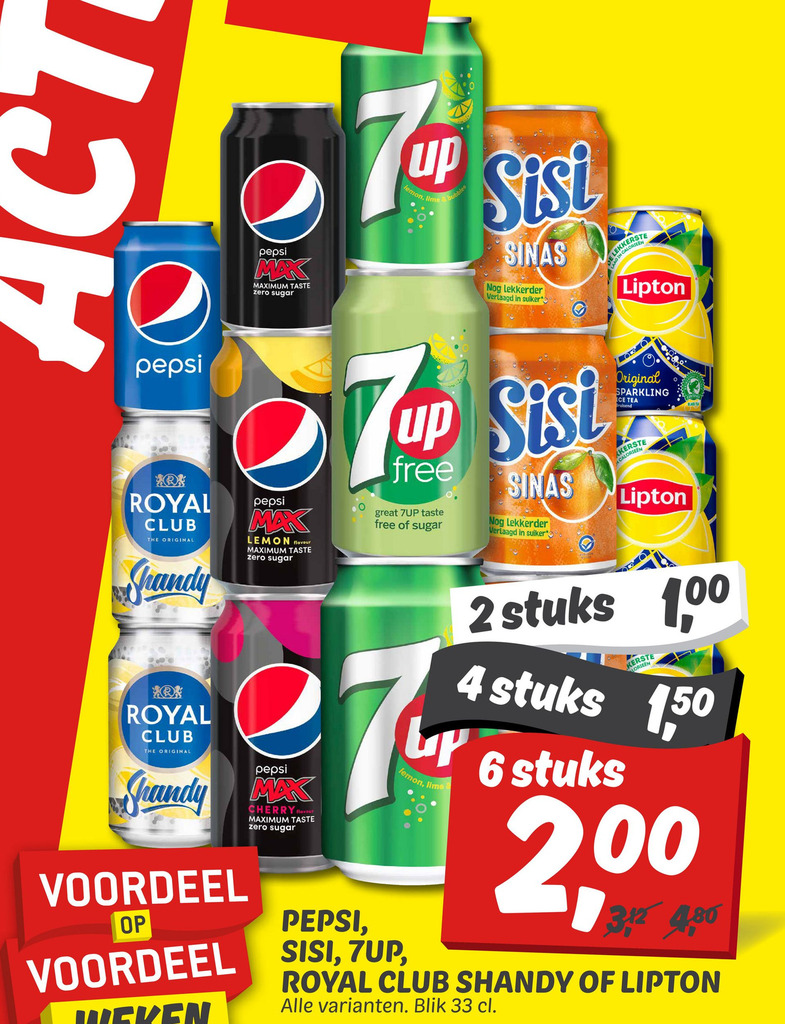 PEPSI, SISI, 7UP, ROYAL CLUB SHANDY OF LIPTON aanbieding bij Dekamarkt