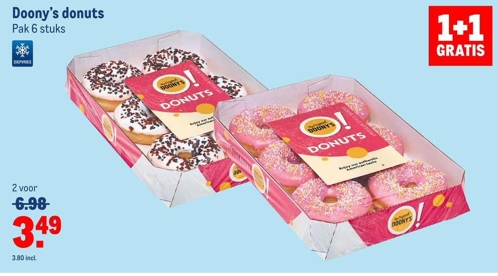 Doony's donuts Pak 6 stuks 1+1 GRATIS aanbieding bij Makro