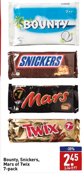 Bounty, snickers, mars of twix 7-pack aanbieding bij ALDI