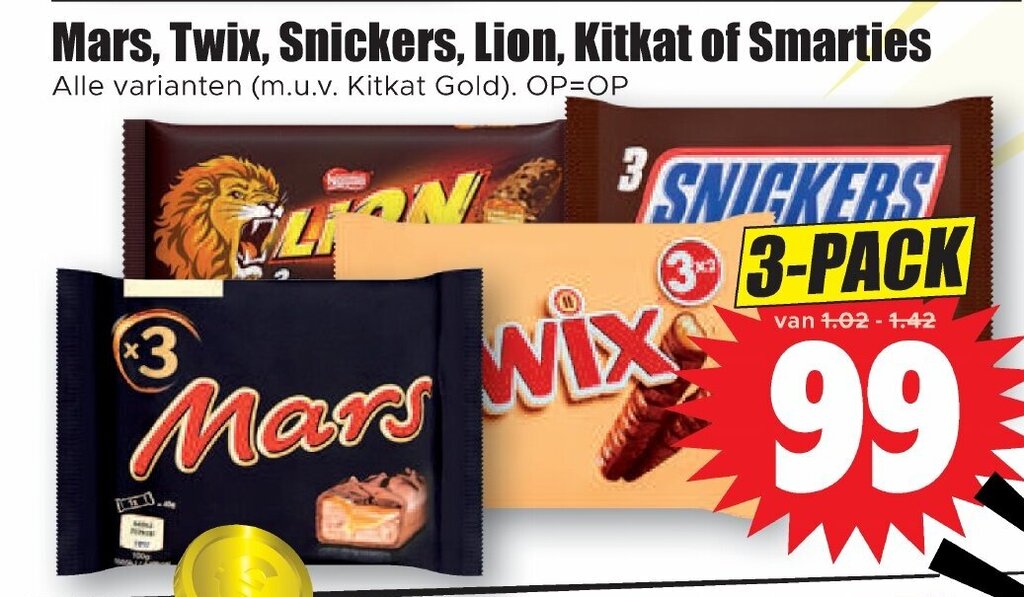 Mars, Twix, Snickers, Lion, Kitkat of Smarties aanbieding bij Dirk