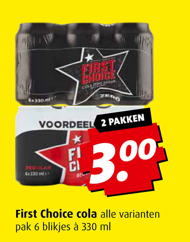 First Choice cola pak 6 blikjes a 330 ml aanbieding bij Boni