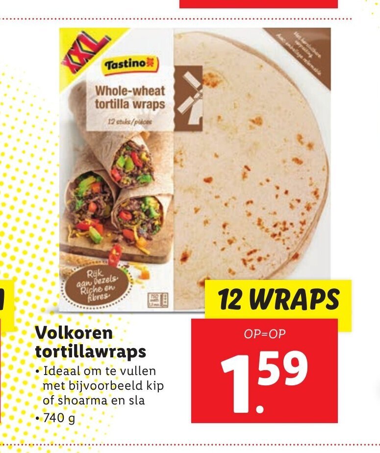 Volkoren tortillawraps 740 g 12 wraps aanbieding bij Lidl