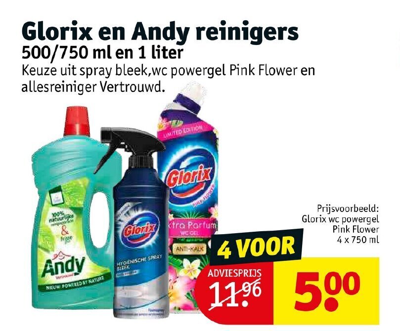 Glorix en Andy reinigers 500/750 ml en 1 liter aanbieding bij Kruidvat