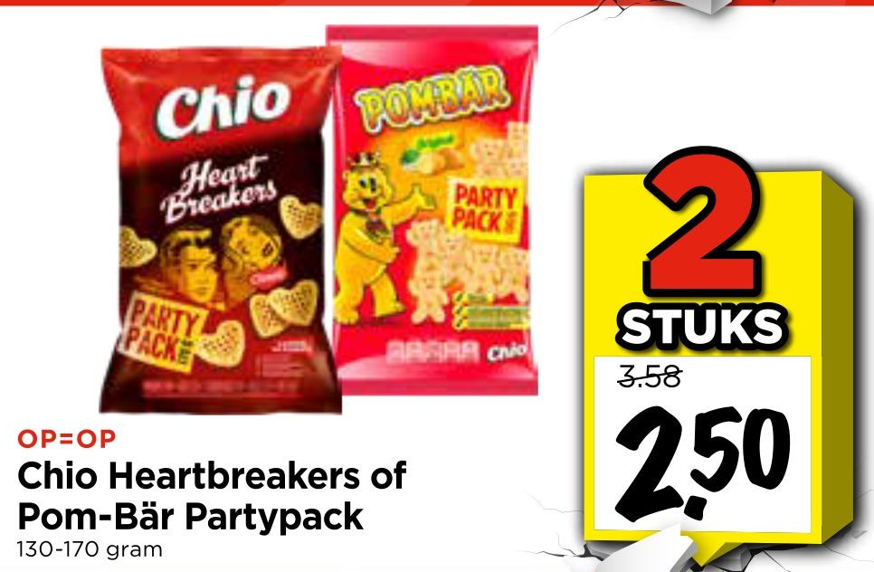 Chio Heartbreakers of Pom-Bär Partypack aanbieding bij Vomar Voordeelmarkt
