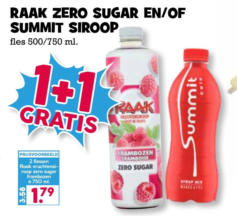 RAAK ZERO SUGAR EN/OF SUMMIT SIROOP aanbieding bij Boon`s Markt