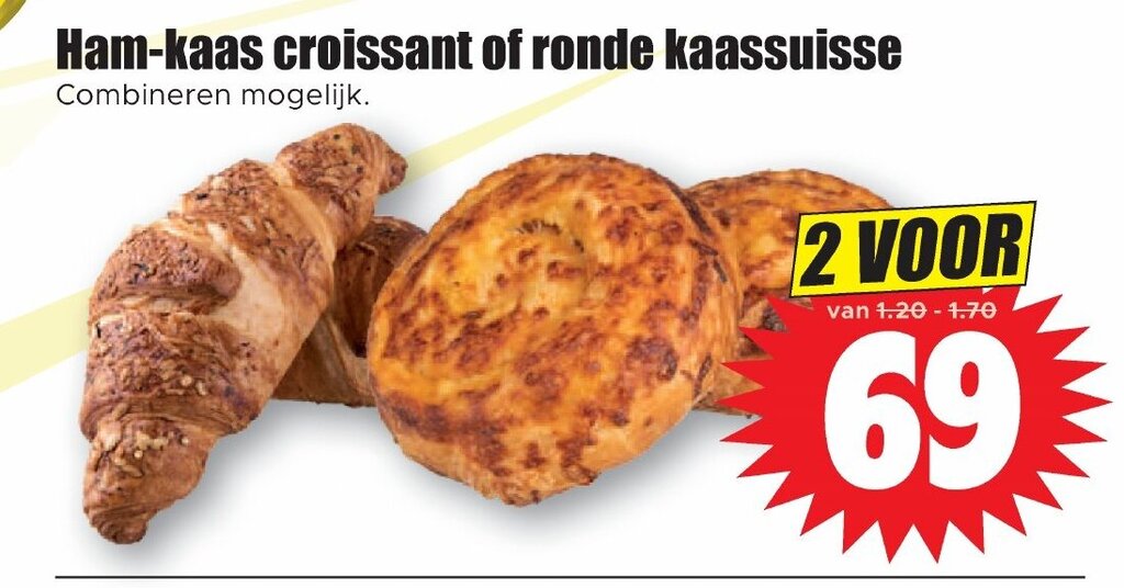 Ham-kaas croissant of ronde kaassuisse aanbieding bij Dirk