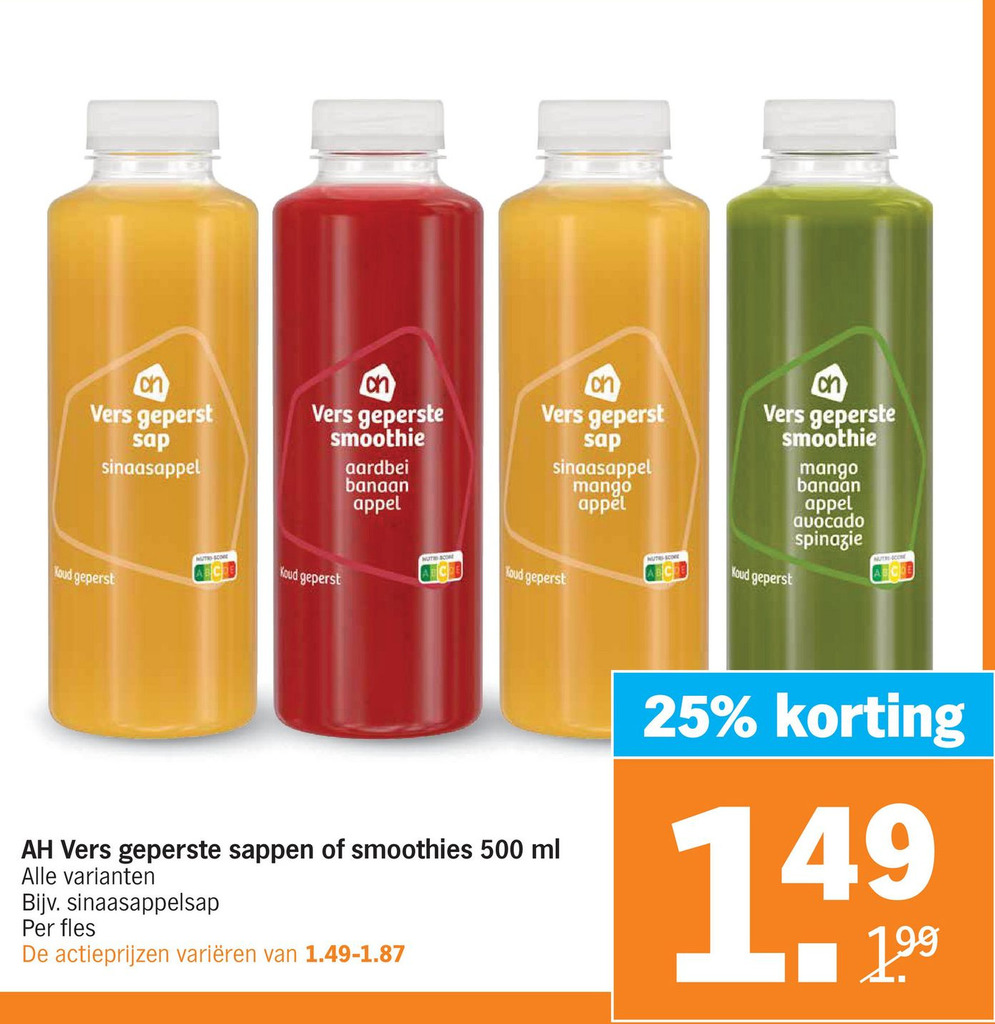 AH Vers geperste sappen of smoothies 500 ml aanbieding bij Albert Heijn