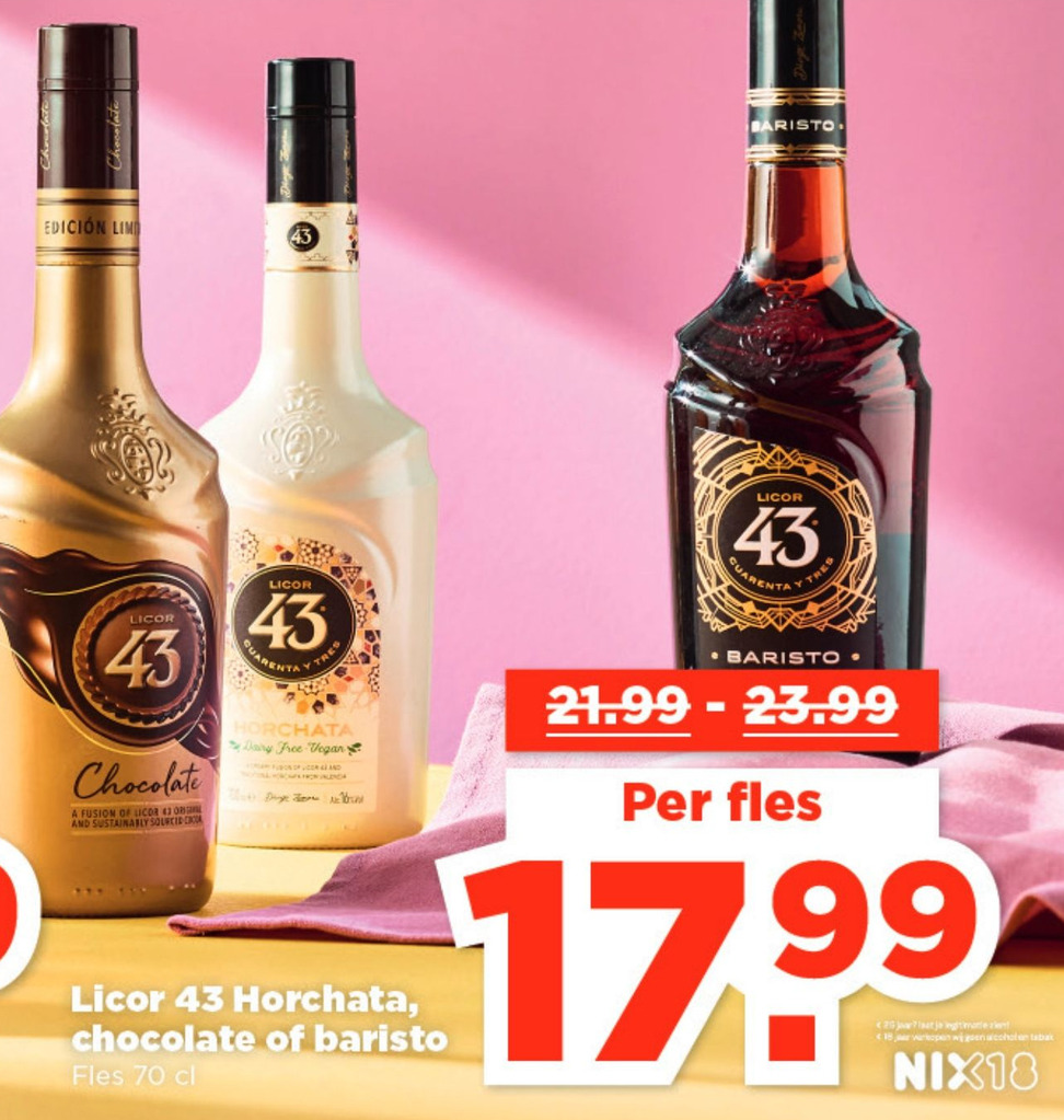 Licor 43 Horchata, chocolate of baristo Fles 70 cl aanbieding bij PLUS