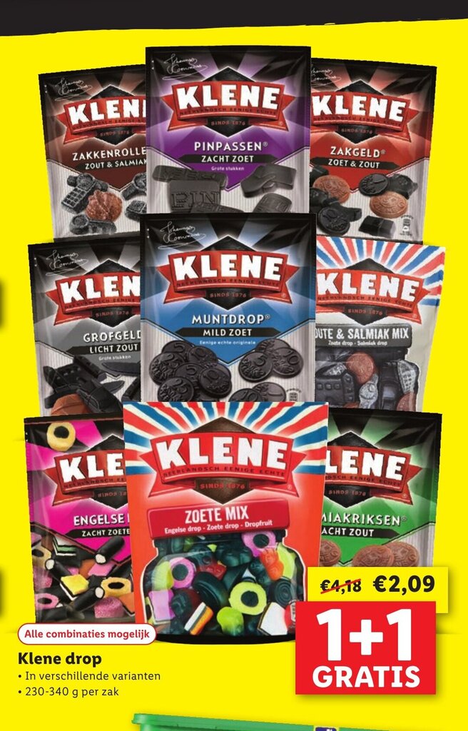 Klene drop 230-340 g per zak 1+1 gratis aanbieding bij Lidl