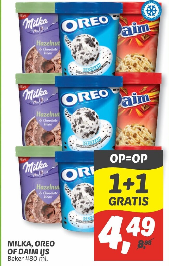 Milka, oreo of daim ijs 480 ml 1+1 Gratis aanbieding bij Dekamarkt