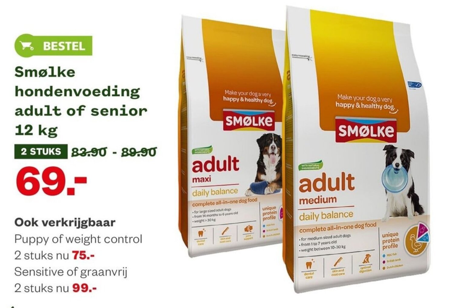 Smolke hondenvoeding adult of senior 12 kg aanbieding bij Welkoop