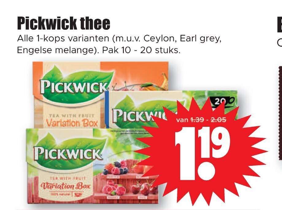 Pickwick thee pak 10-20 stuks aanbieding bij Dirk