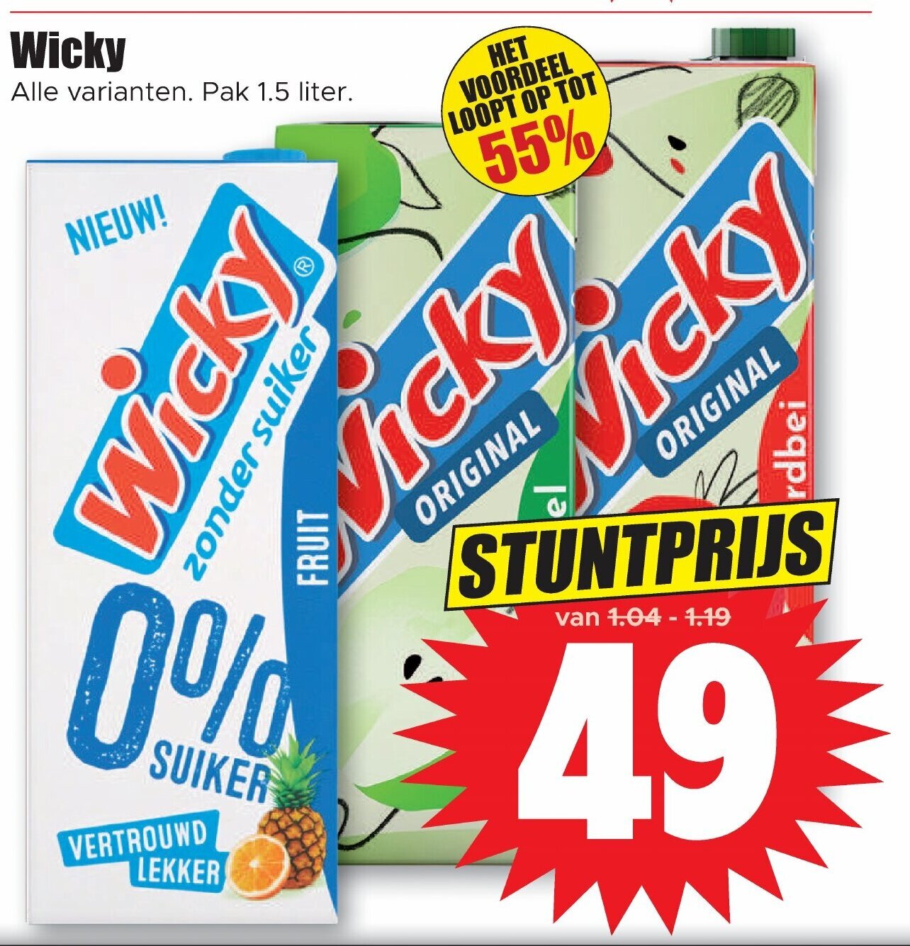 Wicky pak 1.5 liter aanbieding bij Dirk
