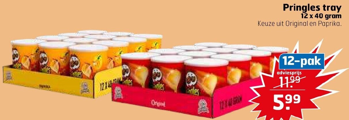 Pringles tray 12 x 40 gram aanbieding bij Trekpleister