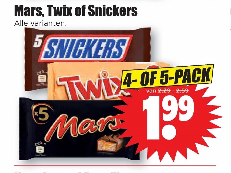 Mars, Twix of Snickers Alle varianten 4 of 5 pack aanbieding bij Dirk