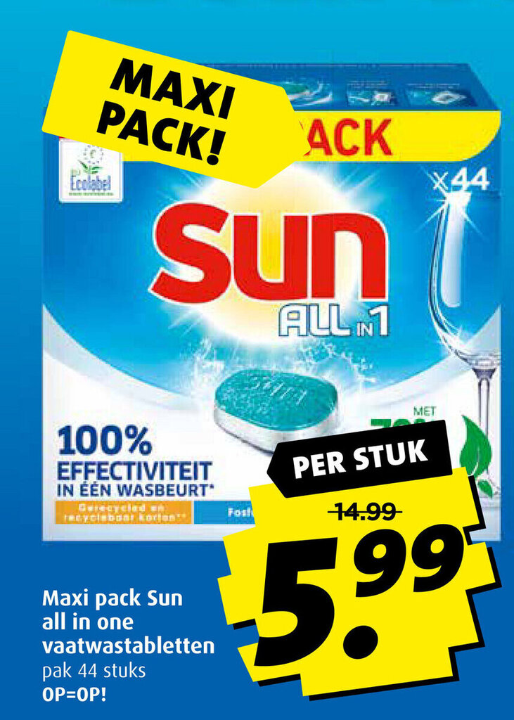 Maxi pack Sun all in one vaatwastabletten pak 44 stuks aanbieding bij Boni