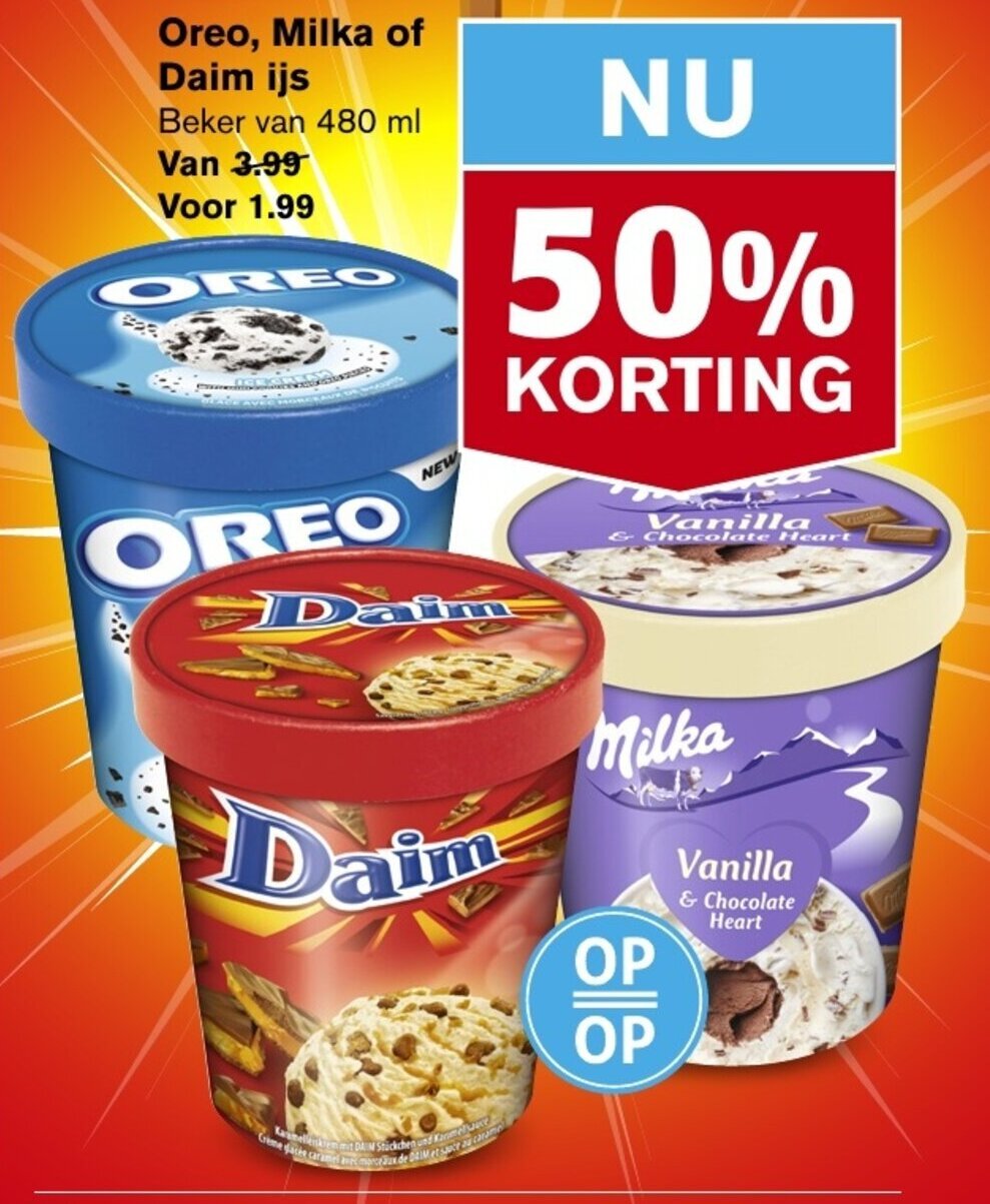 Oreo, Milka of Daim ijs 480ml aanbieding bij Hoogvliet