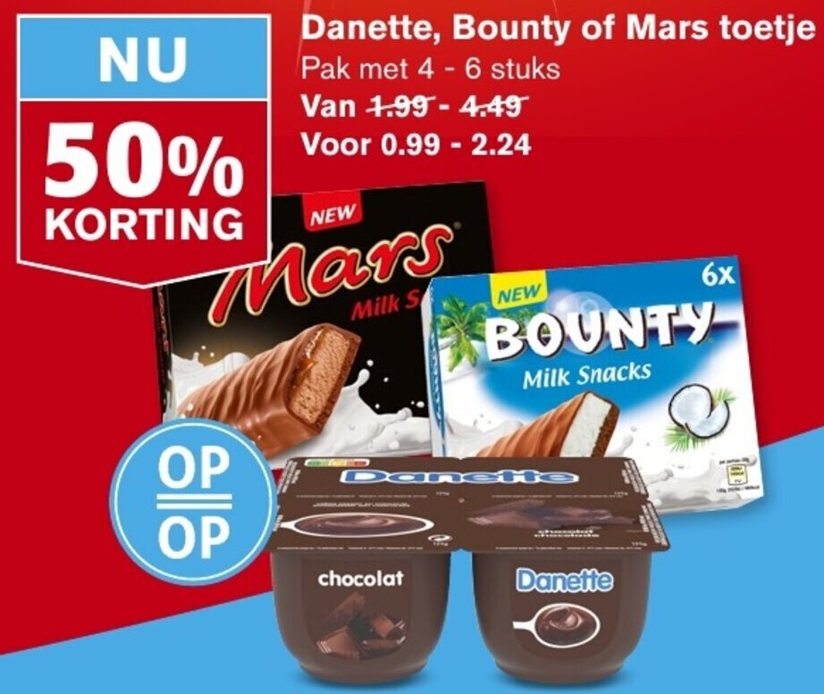 Danette, Bounty of Mars toetje 4 stuks aanbieding bij Hoogvliet