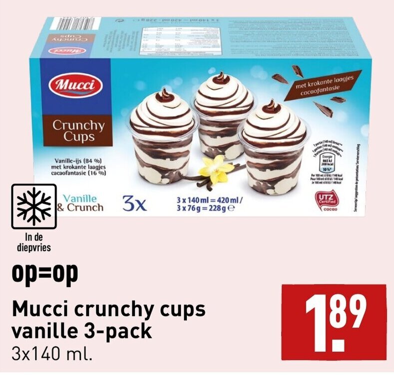 Mucci crunchy cups vanille 3-pack 3x140ml aanbieding bij ALDI