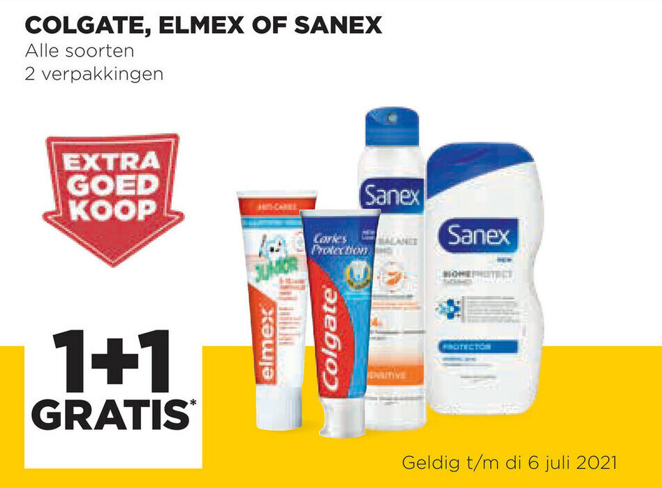 Colgate, elmex of sanex 1+1 gratis aanbieding bij Jumbo
