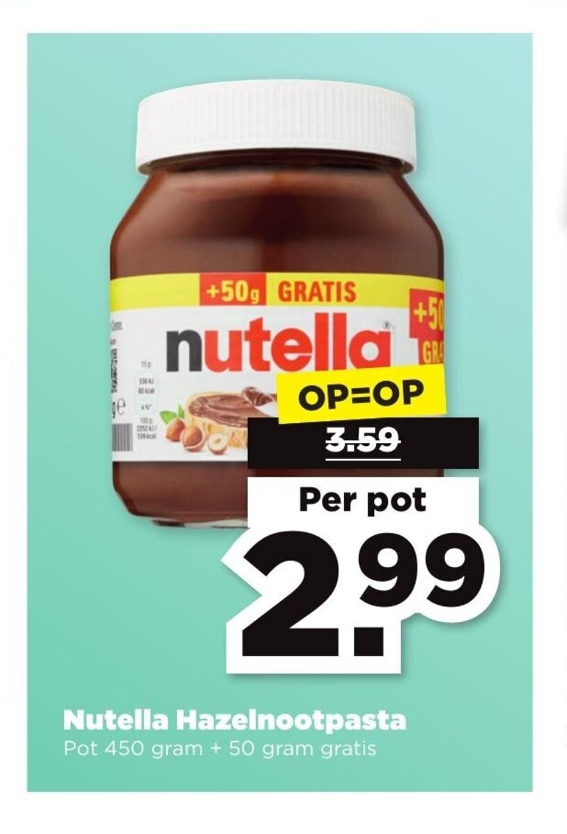 Nutella Hazelnootpasta 450 gram + 50 gram gratis aanbieding bij PLUS