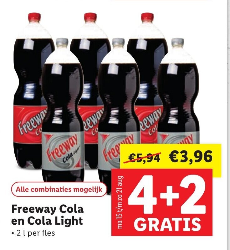 Freeway Cola en Cola Light 2l 4+2 gratis aanbieding bij Lidl