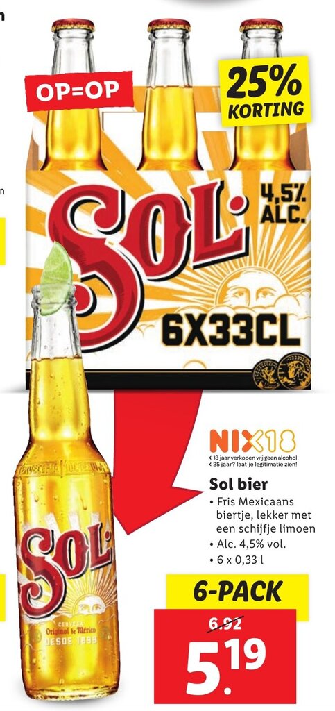 Sol bier 6x0.33l aanbieding bij Lidl