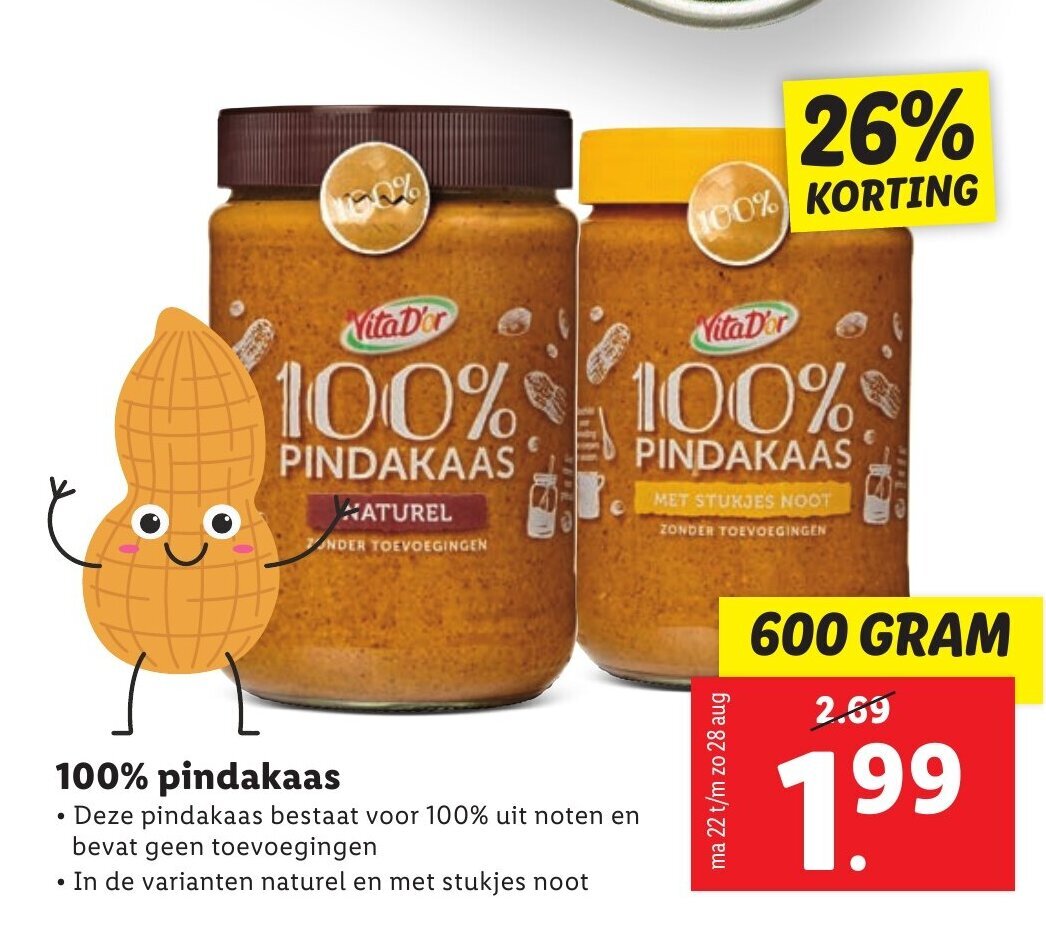 100% Pindakaas 600g aanbieding bij Lidl