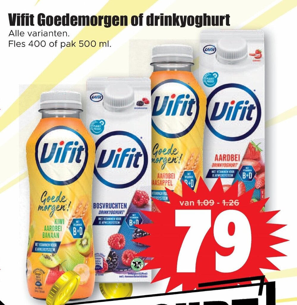 Vifit Goedemorgen of drinkyoghurt 400 of pak 500ml aanbieding bij Dirk