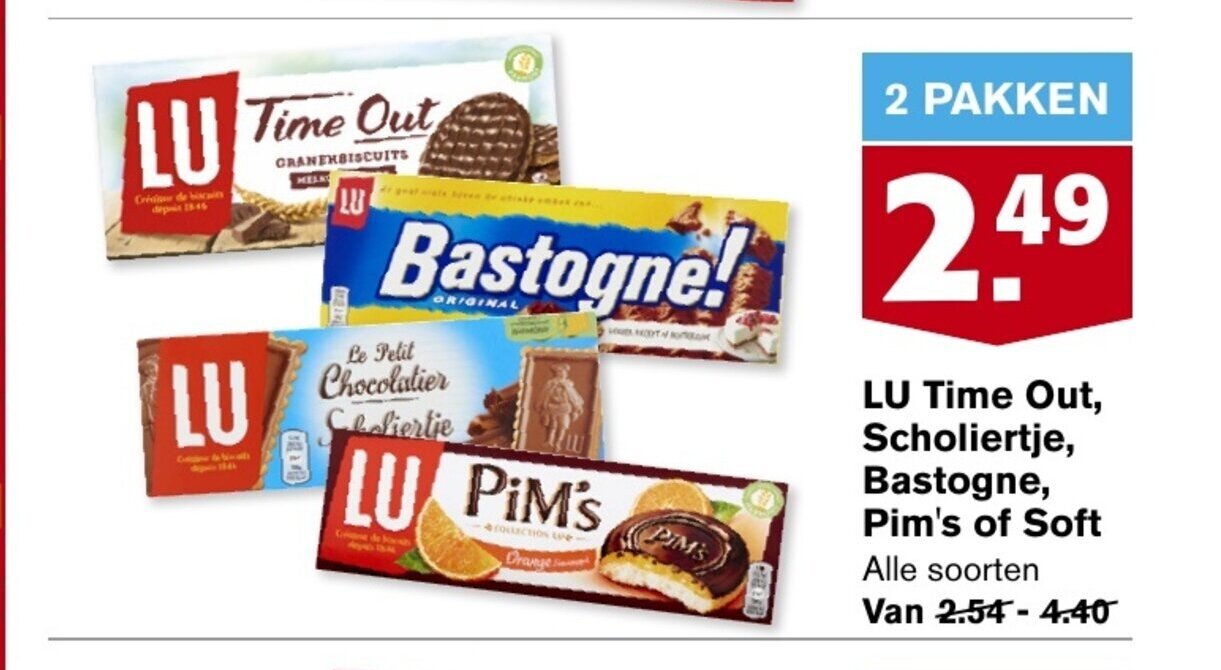 LU Time Out, Scholiertje, Bastogne, Pim's of Soft aanbieding bij Hoogvliet
