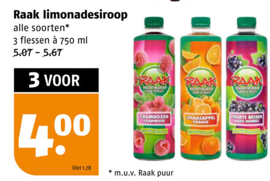 Raak limonadesiroop 750ml aanbieding bij Poiesz